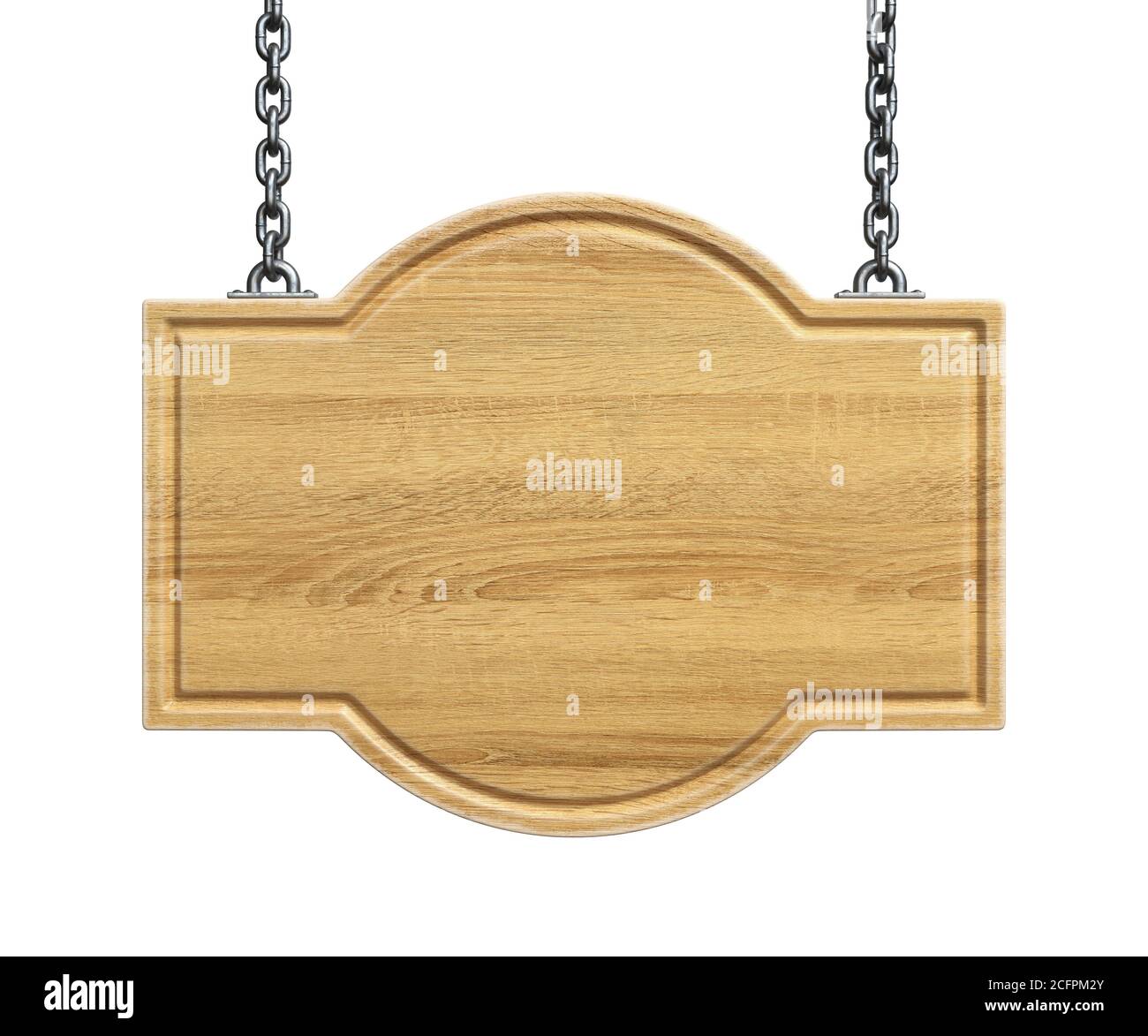 Wooden sign board hanging on a chains isolated on white background 3d ...