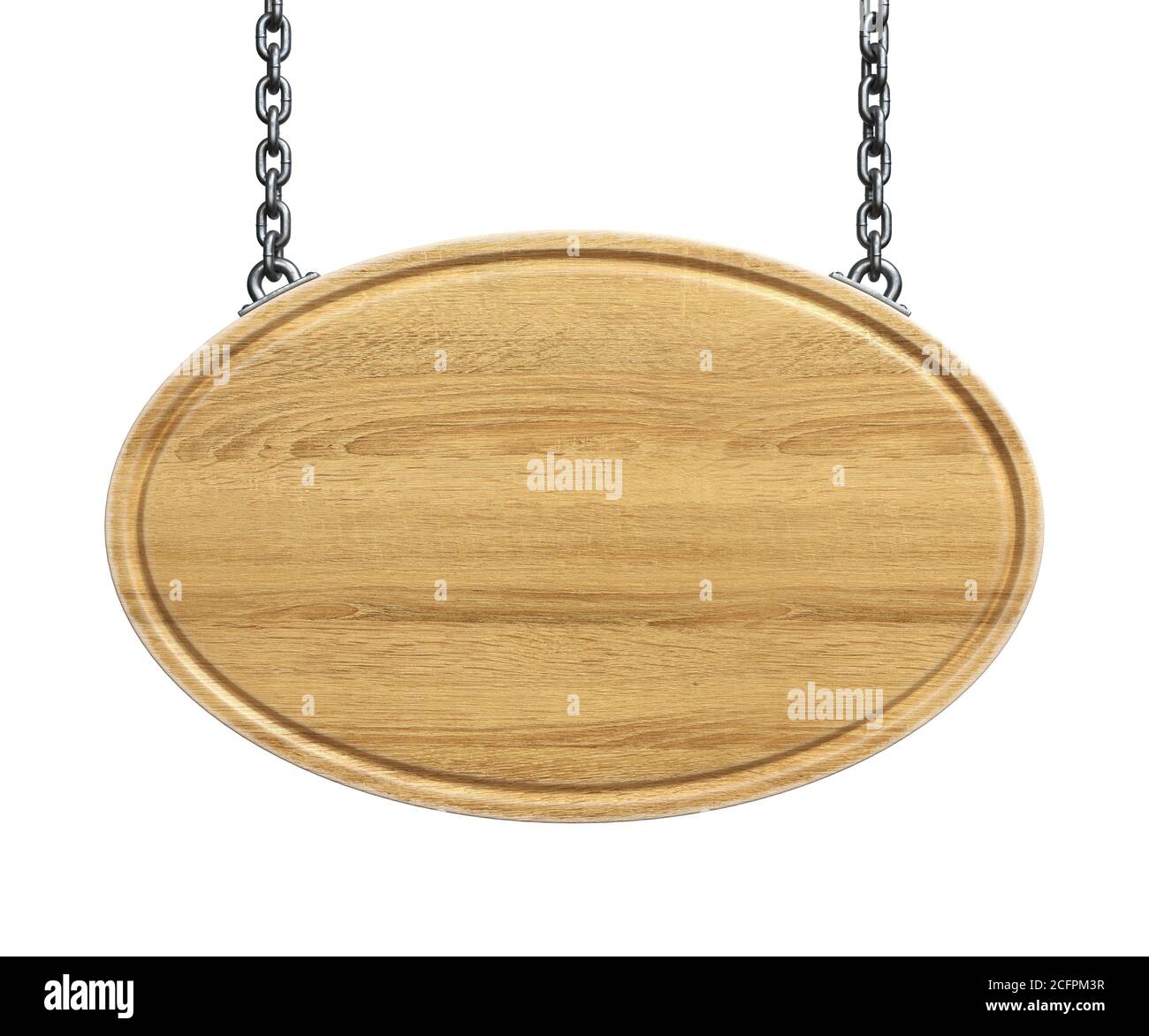 Elliptical wooden sign board hanging on a chains isolated on white ...