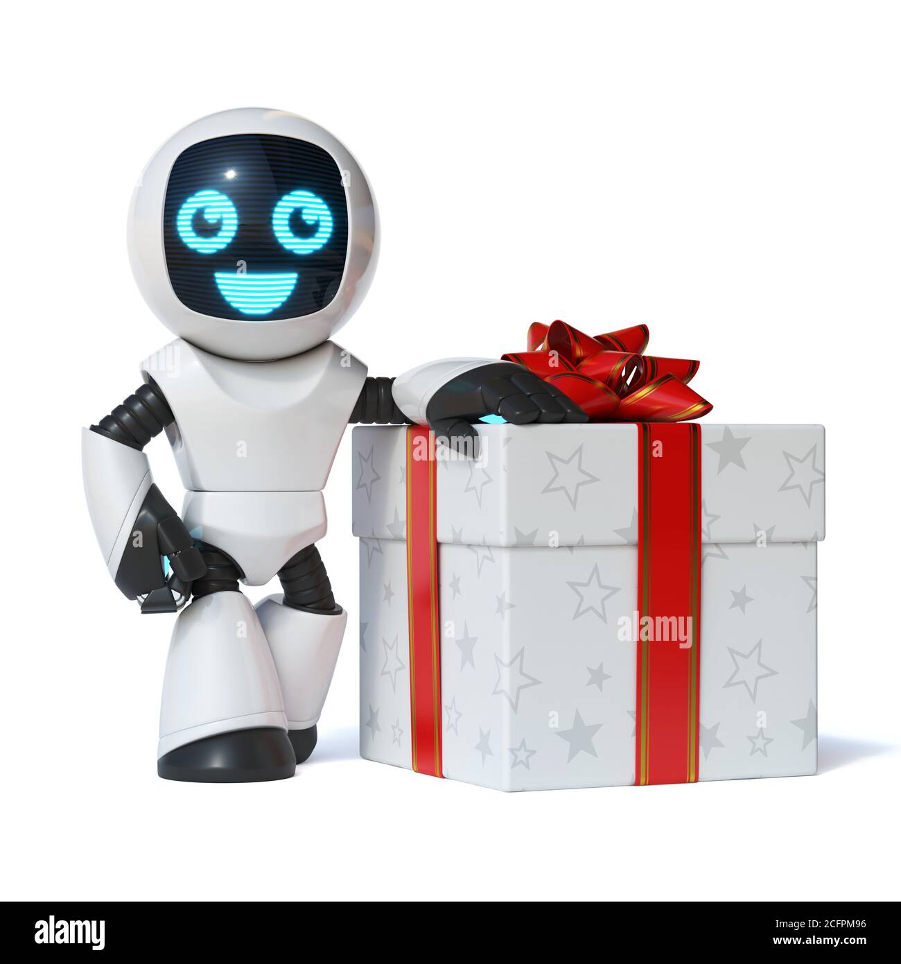 Little robot with the big gift box 3d rendering Stock Photo - Alamy