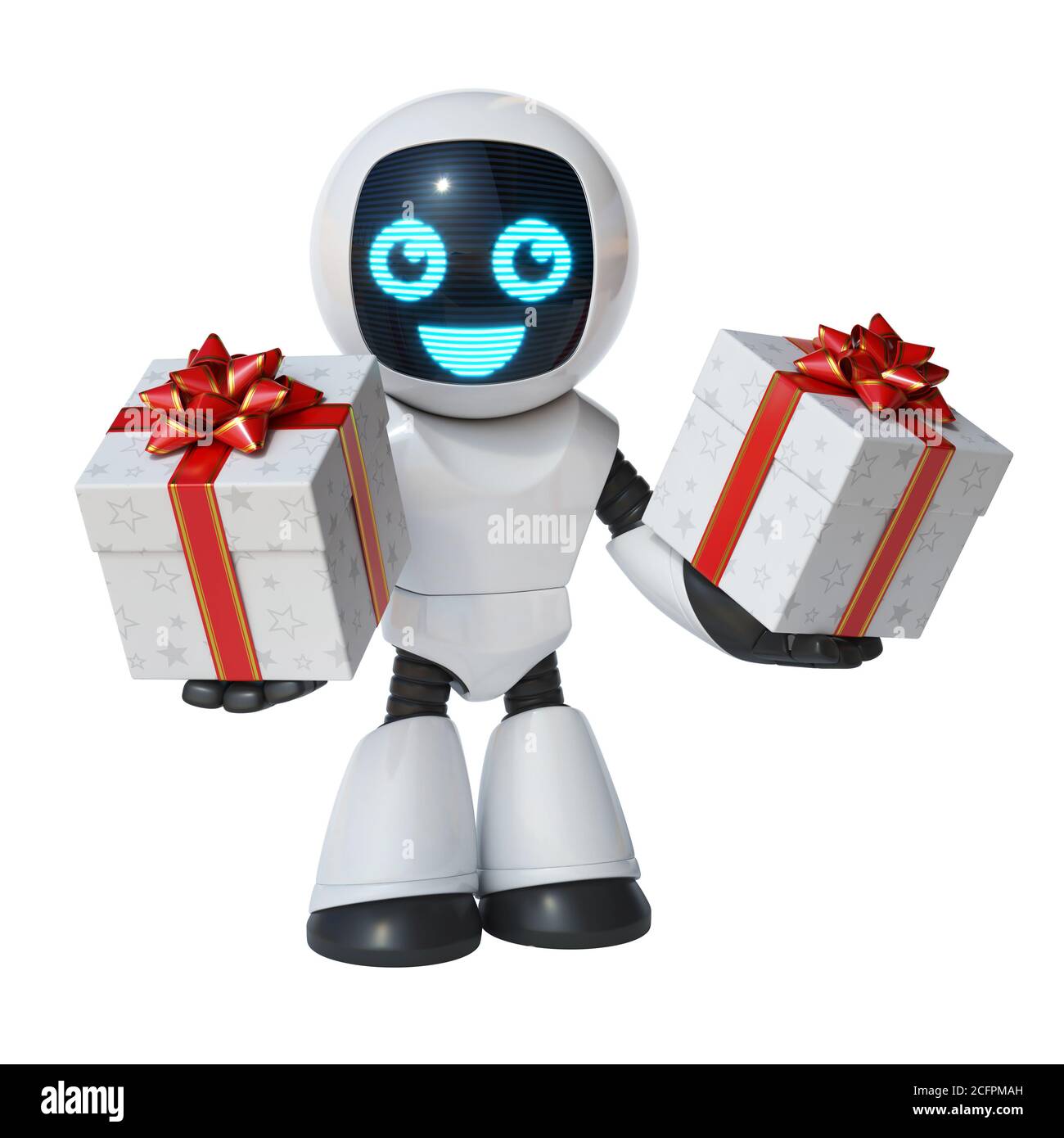 Little robot holding gift box 3d rendering Stock Photo - Alamy