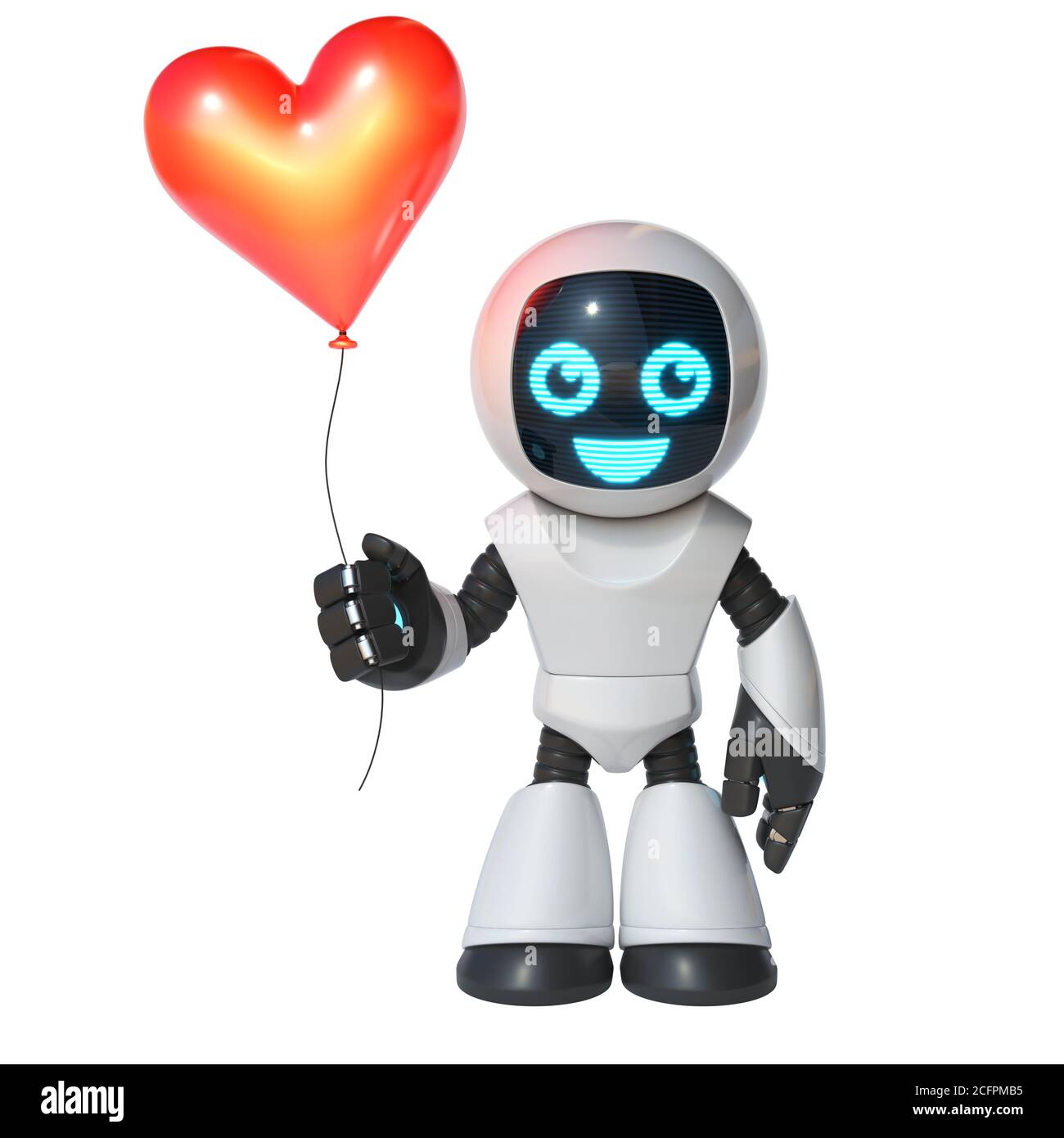 Little robot holding heart shaped red balloon, 3d rendering Stock Photo ...