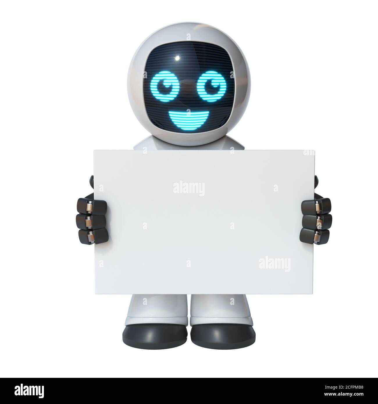 Little robot holding blank white board, 3d rendering Stock Photo - Alamy