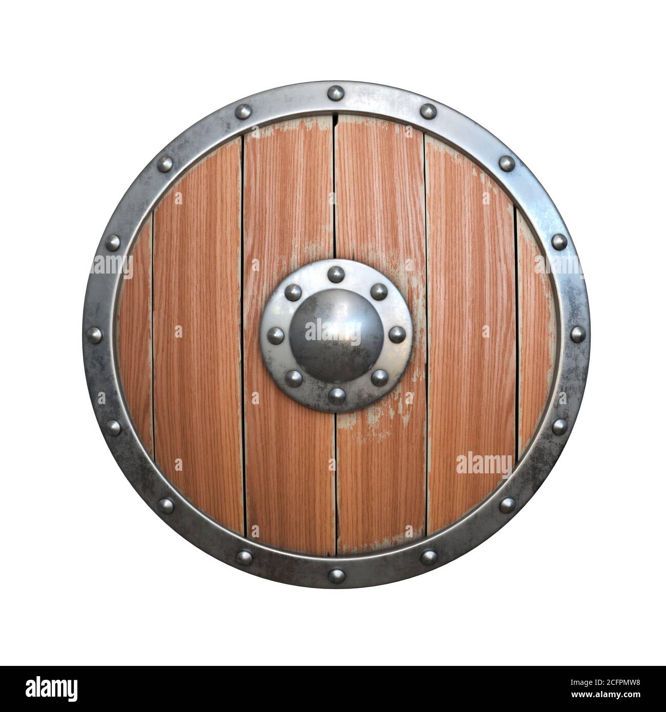Wooden medieval round shield, viking shield, isolated on white ...