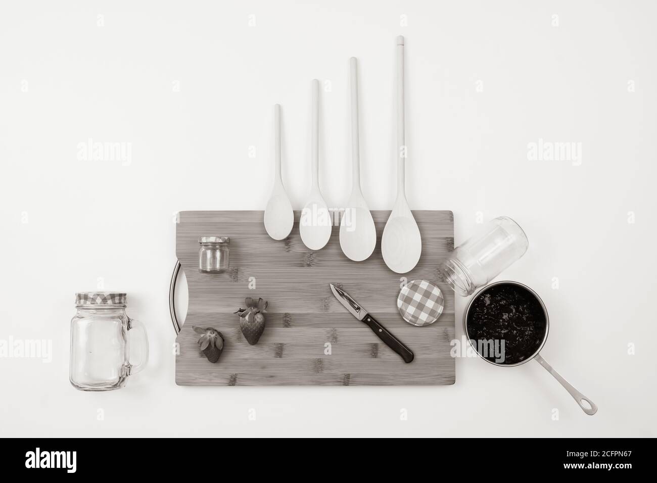 Grayscale composition of kitchen utensils Stock Photo - Alamy