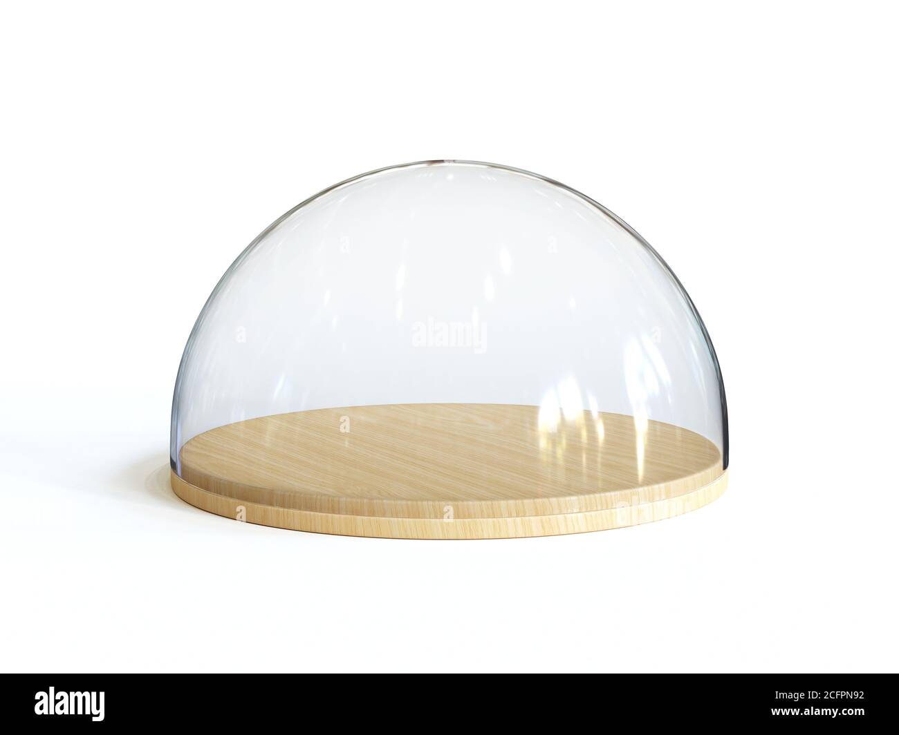 Glass dome on the wooden plate isolated on white background, 3d ...