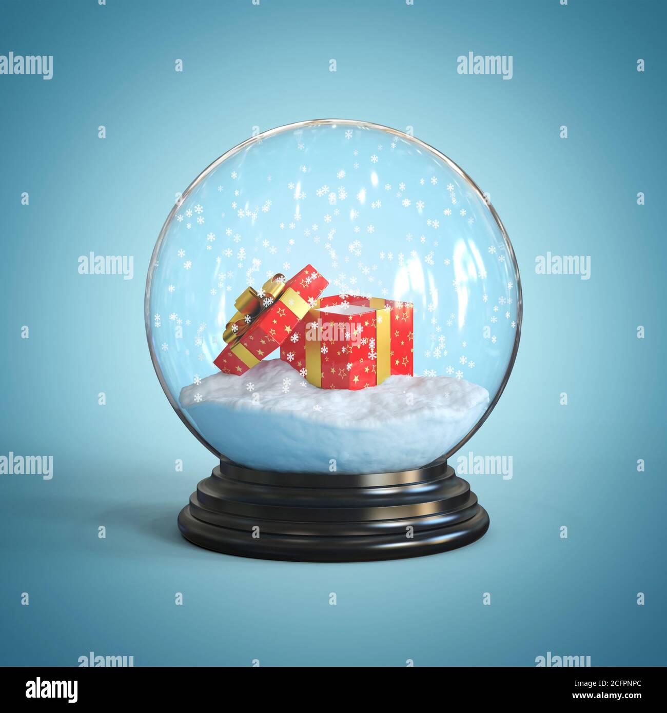 Open gift box inside snow globe 3d rendering Stock Photo - Alamy
