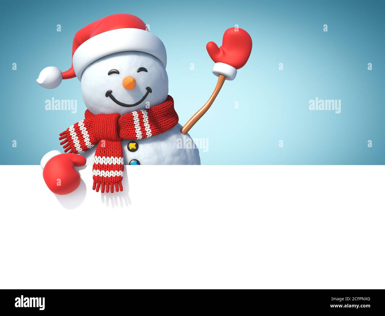 Snowman behind blank white poster, copy space greeting card template ...