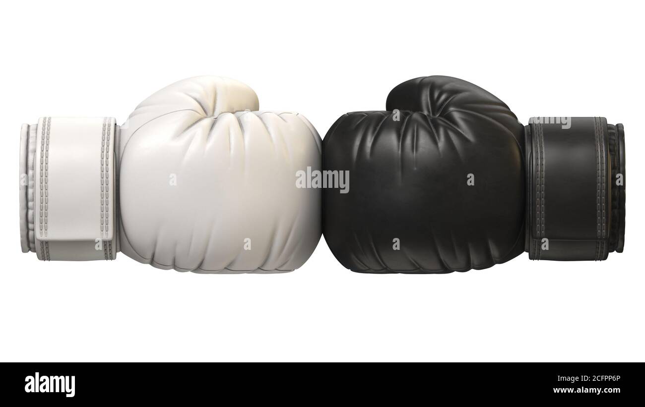 Black and white boxing glove against each other isolated on white ...