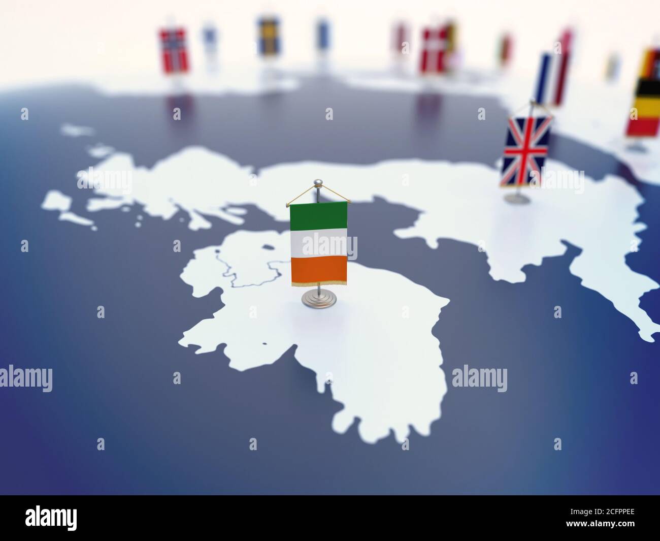 Flag of Ireland in focus among other European countries flags. Europe ...