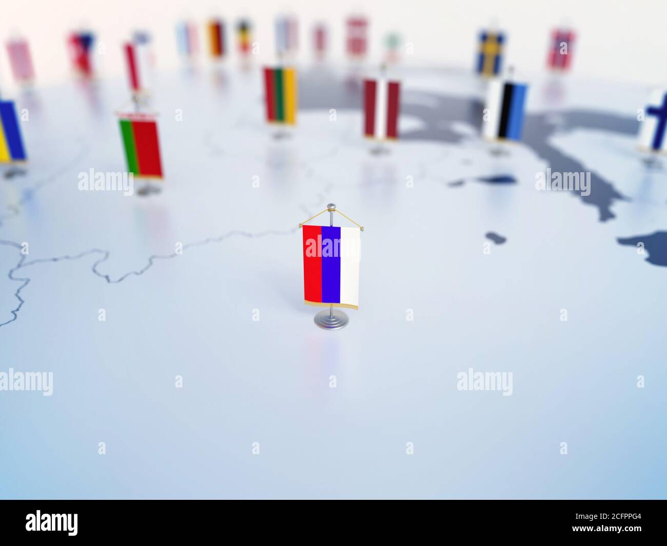 Flag of Russia in focus among other European countries flags. Europe ...
