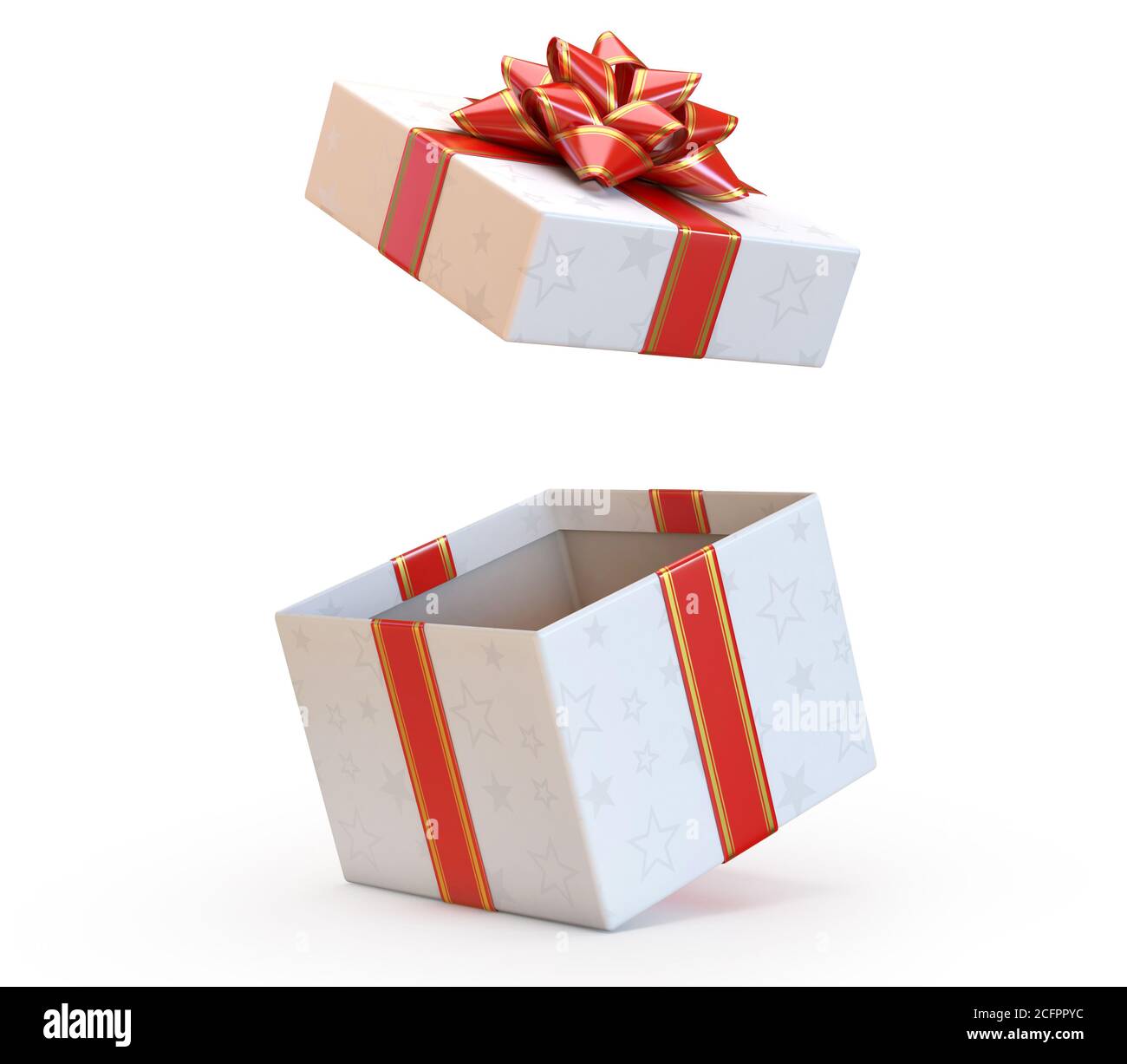 Open gift box with red bow and ribbon, present exploding 3d rendering ...
