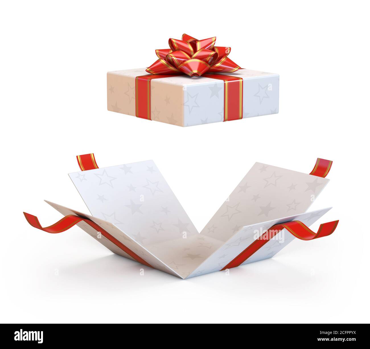 Open gift box with red bow and ribbon, present exploding 3d rendering ...