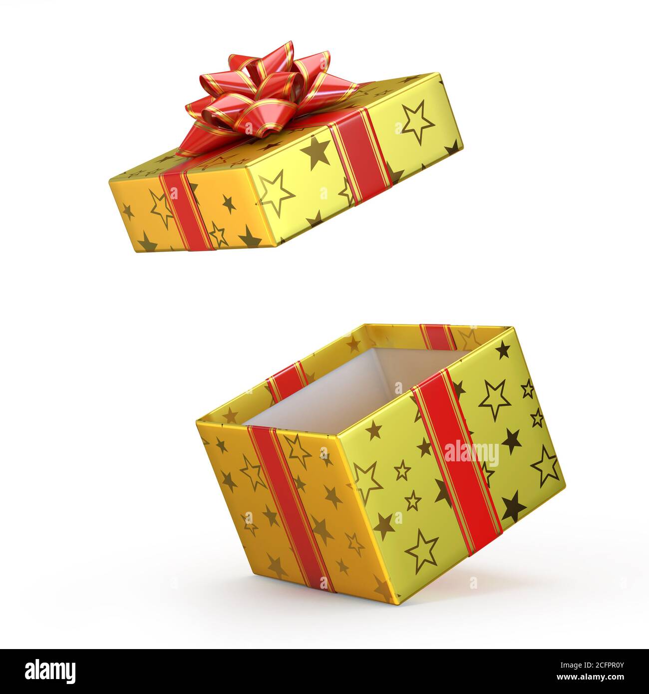 Open gift box with red bow and ribbon, present exploding 3d rendering ...