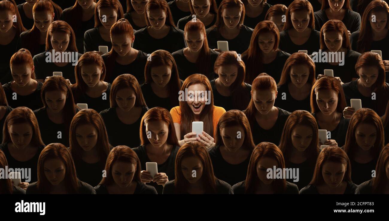 Top view of grey crowd of identical people and special one woman ...