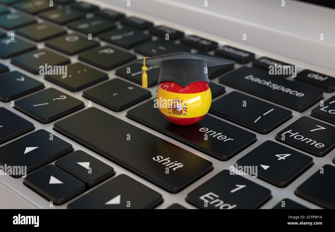 Learn Spanish online 3d concept, Spanish flag with graduation cap on ...