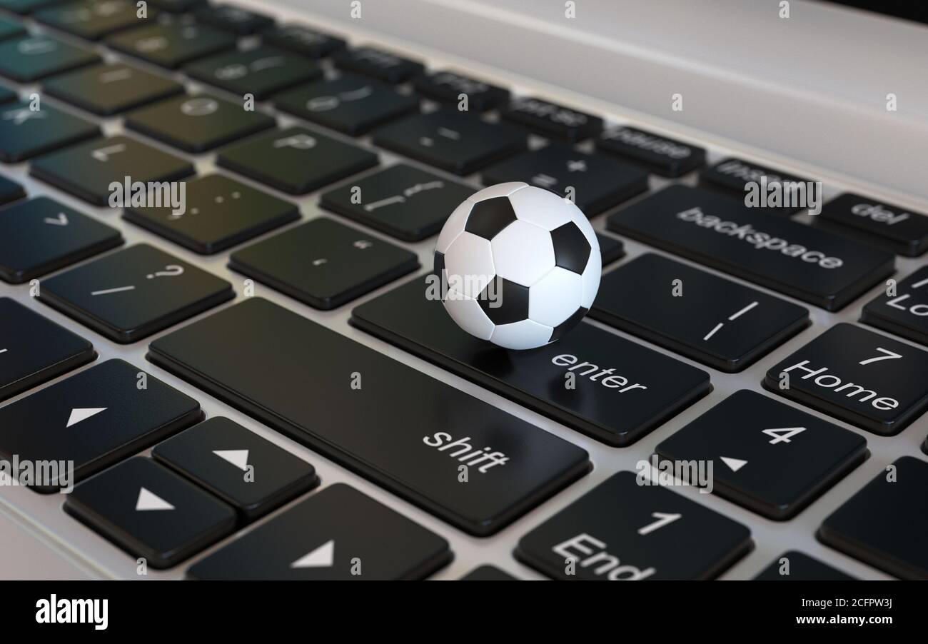 Football ball, soccer ball, on laptop keyboard, 3d rendering Stock ...