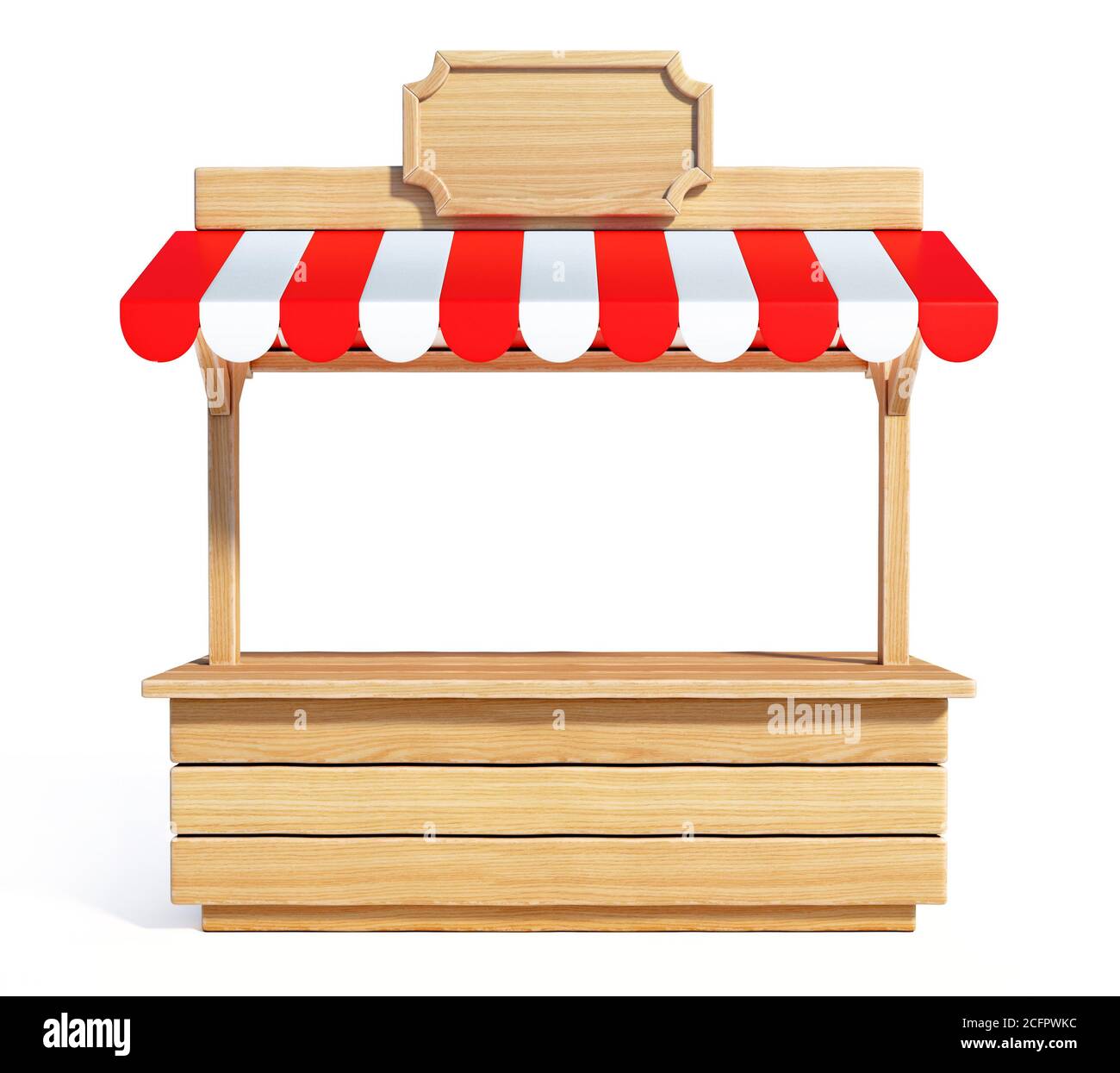 Market stall with striped red and white awning, wooden counter, kiosk ...