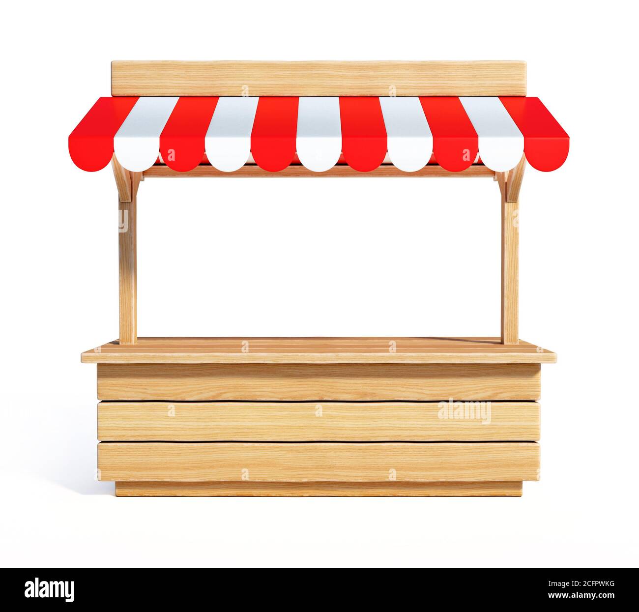 Market stall with striped red and white awning, wooden counter, kiosk ...