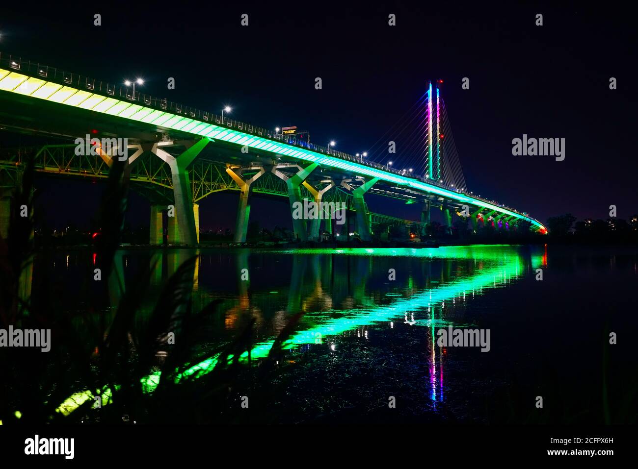 Montreal,Quebec,Canada,September 6, 2020.Lighted Champlain bridge at ...