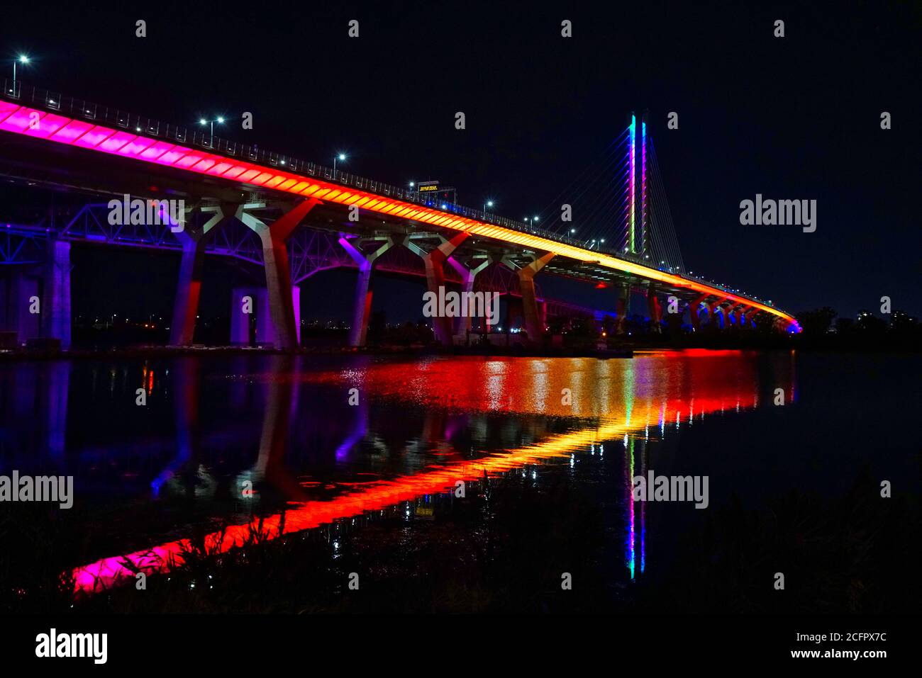 Montreal,Quebec,Canada,September 6, 2020.Lighted Champlain bridge at ...