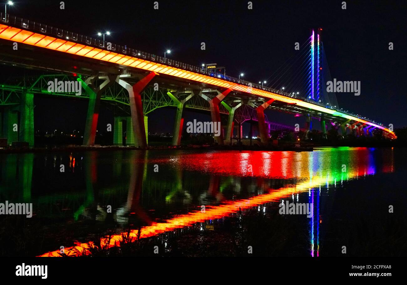 Montreal,Quebec,Canada,September 6, 2020.Lighted Champlain bridge at ...