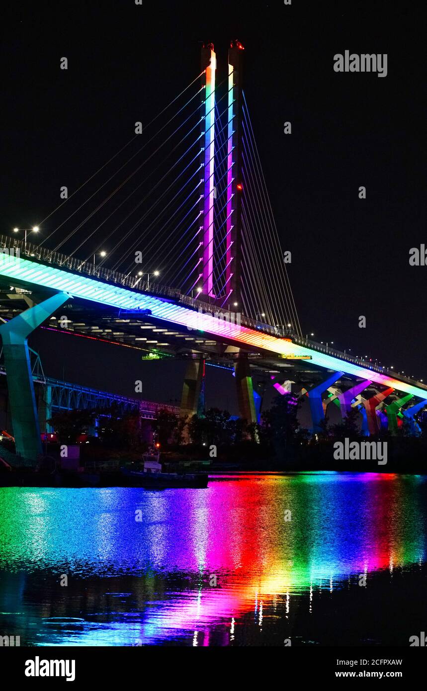 Montreal,Quebec,Canada,September 6, 2020.Lighted Champlain bridge at ...