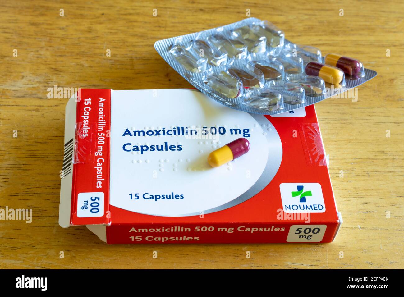 Photograph of an opened packet of Amoxicillin capsules, a common ...