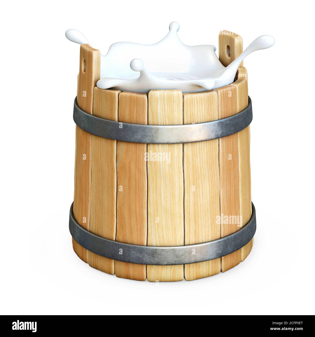 Wooden bucket with milk splash isolated on white background 3d ...