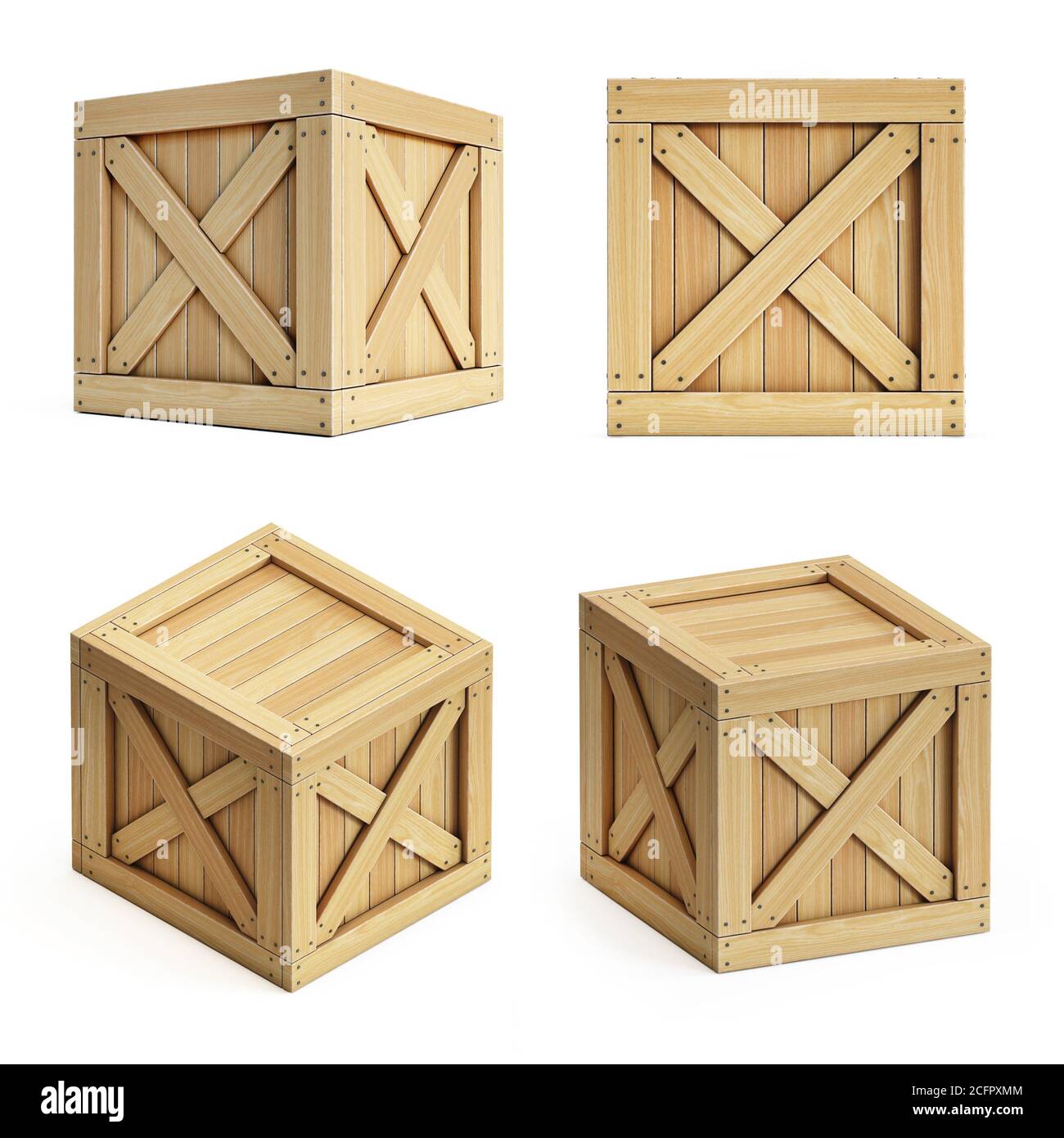 Wooden crate from various views, cargo box isolated on white background ...