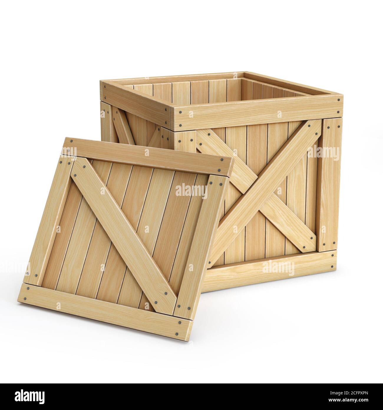 Open wooden crate, cargo box isolated on white background 3d rendering ...