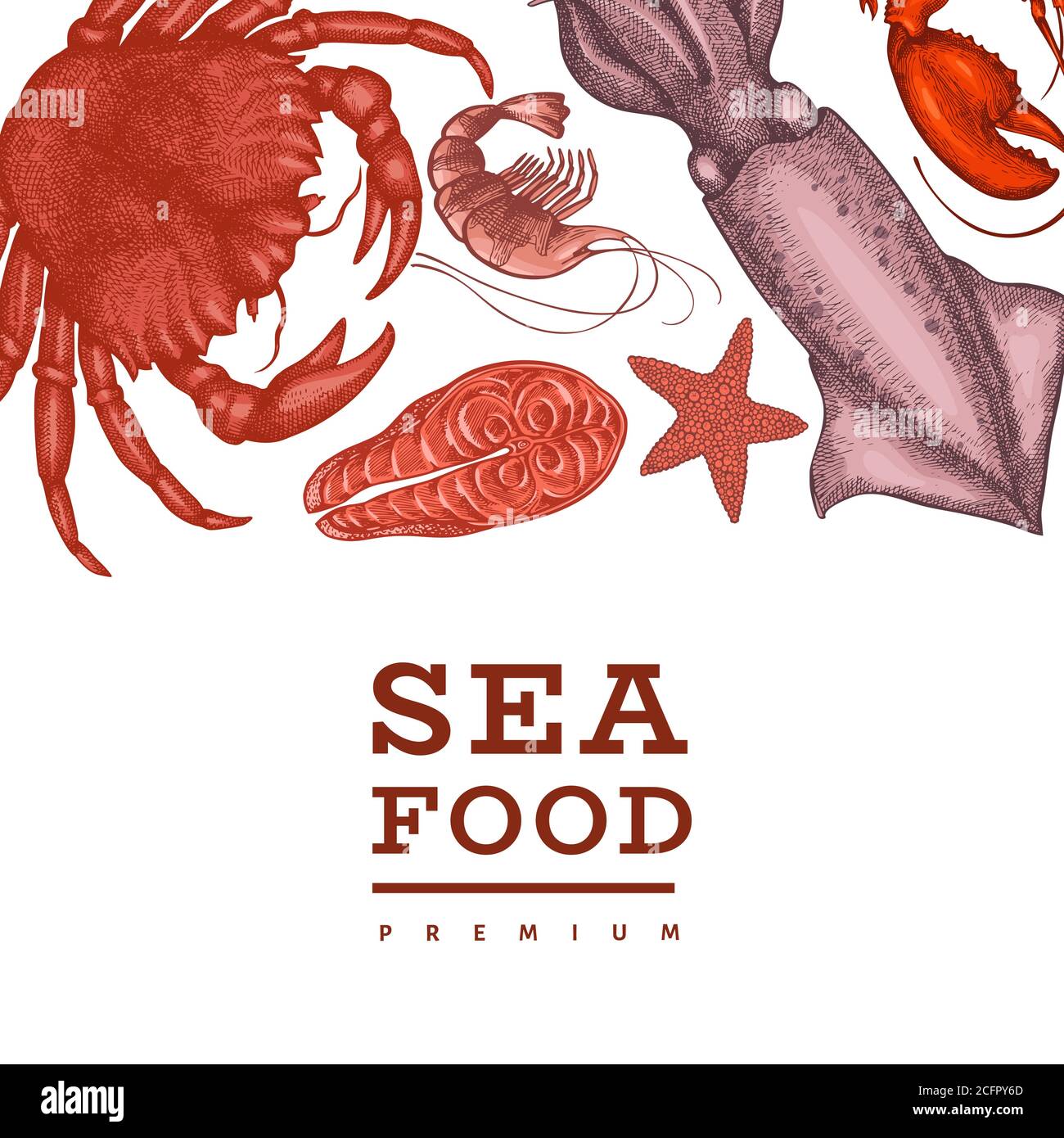 Seafood design template. Hand drawn vector seafood illustration ...