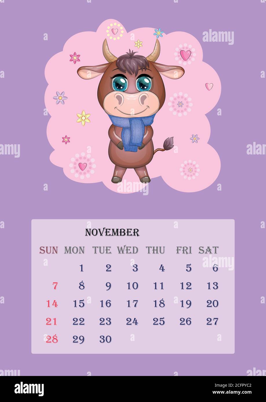 Calendar 2021. Cute bull and cow for every month Stock Vector Image ...