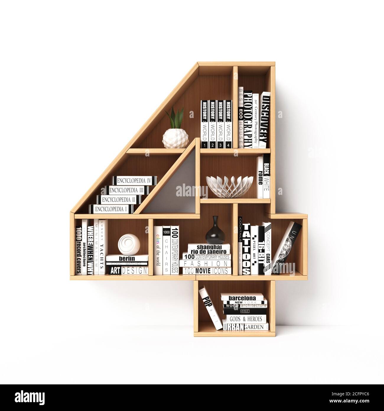 Bookshelves 3d font. Alphabet in the form of book shelves. Mockup font, 3d rendering. Number 4 ...