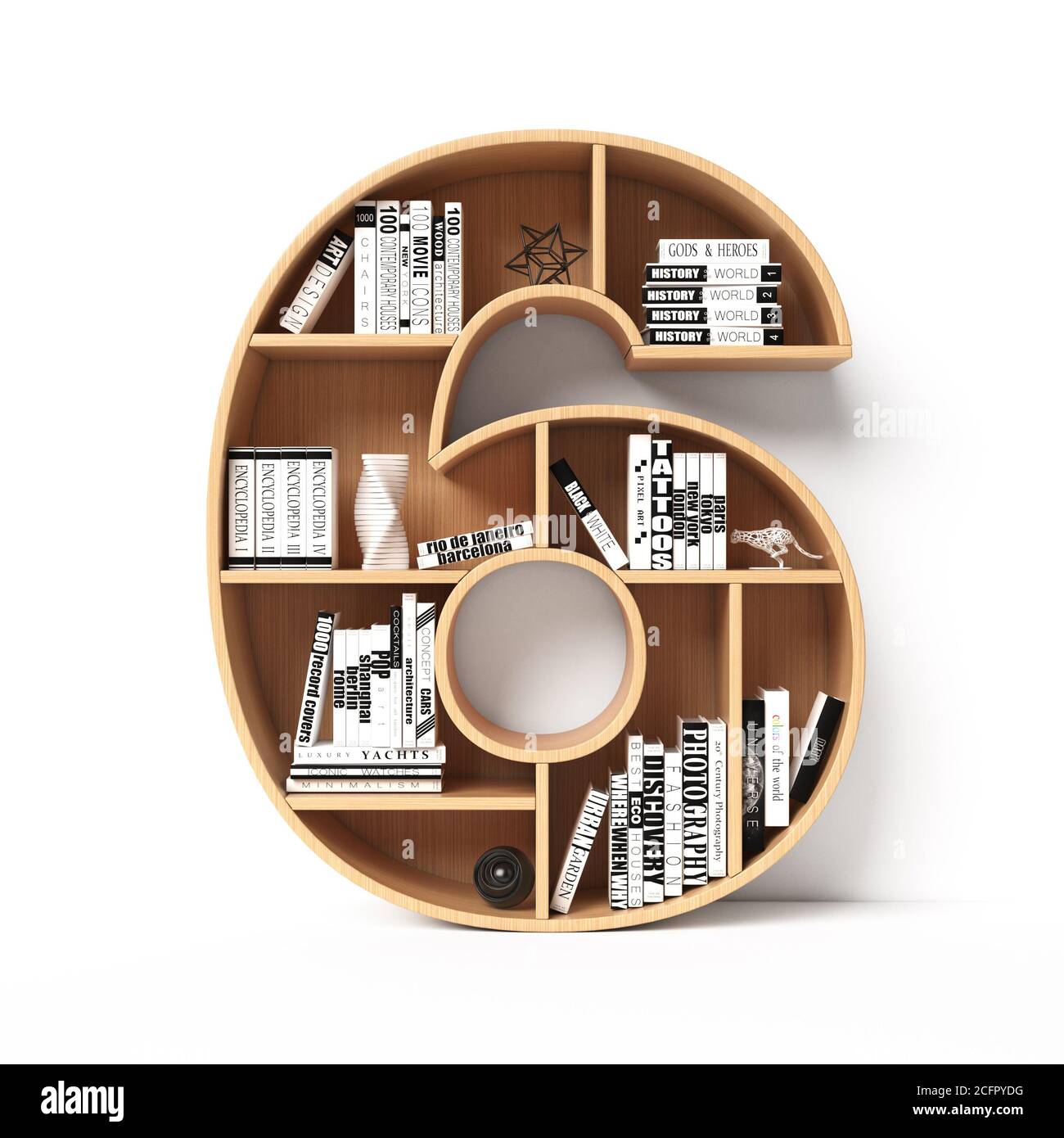 Bookshelves 3d font. Alphabet in the form of book shelves. Mockup font, 3d rendering. Number 6 ...