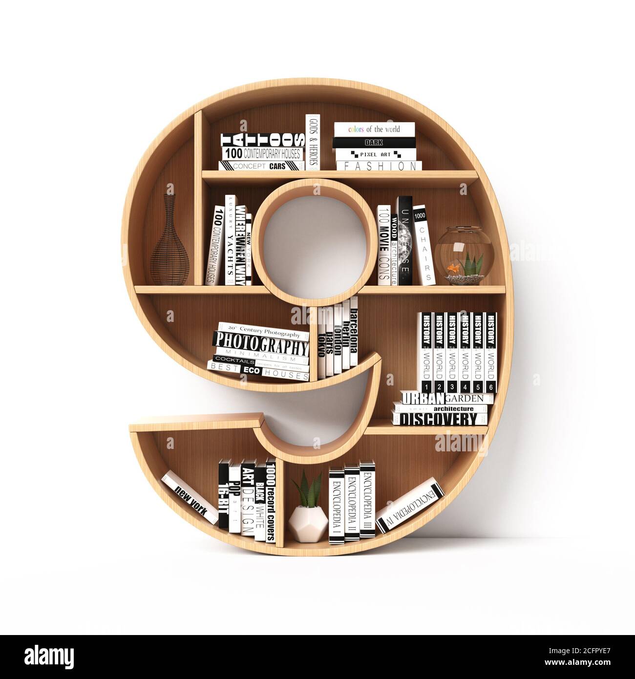 Bookshelves 3d font. Alphabet in the form of book shelves. Mockup font, 3d rendering. Number 9 ...