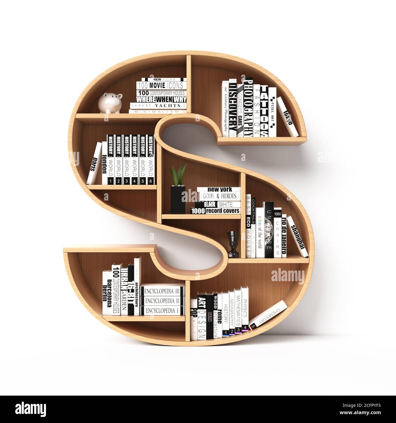 Bookshelves 3d font. Alphabet in the form of book shelves. Mockup font, 3d rendering. Letter S ...