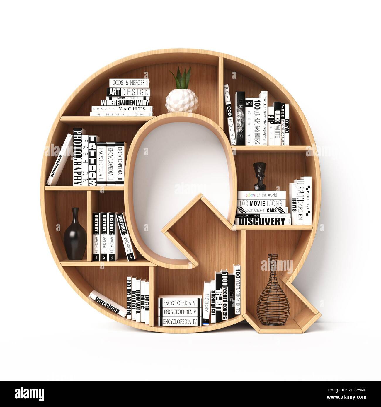 Bookshelves 3d font. Alphabet in the form of book shelves. Mockup font, 3d rendering. Letter Q ...
