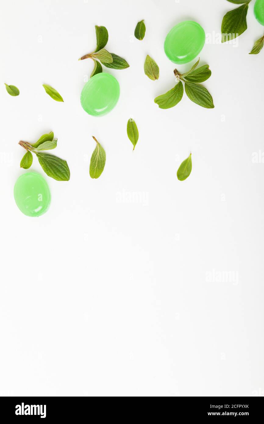 Bunch of cough lozenges with mint green leaves Stock Photo - Alamy