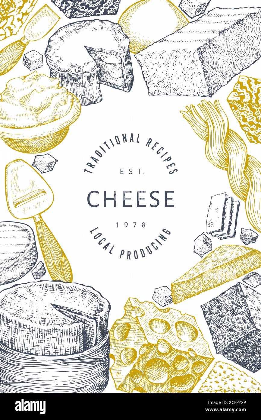 Cheese design template. Hand drawn vector dairy illustration. Engraved ...