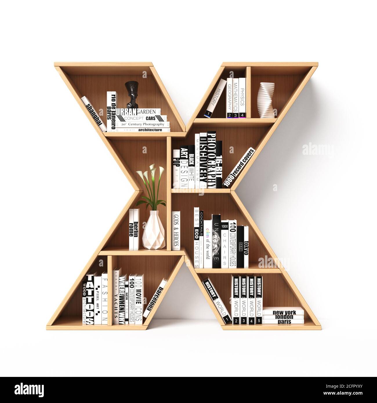 Bookshelves 3d font. Alphabet in the form of book shelves. Mockup font, 3d rendering. Letter X ...