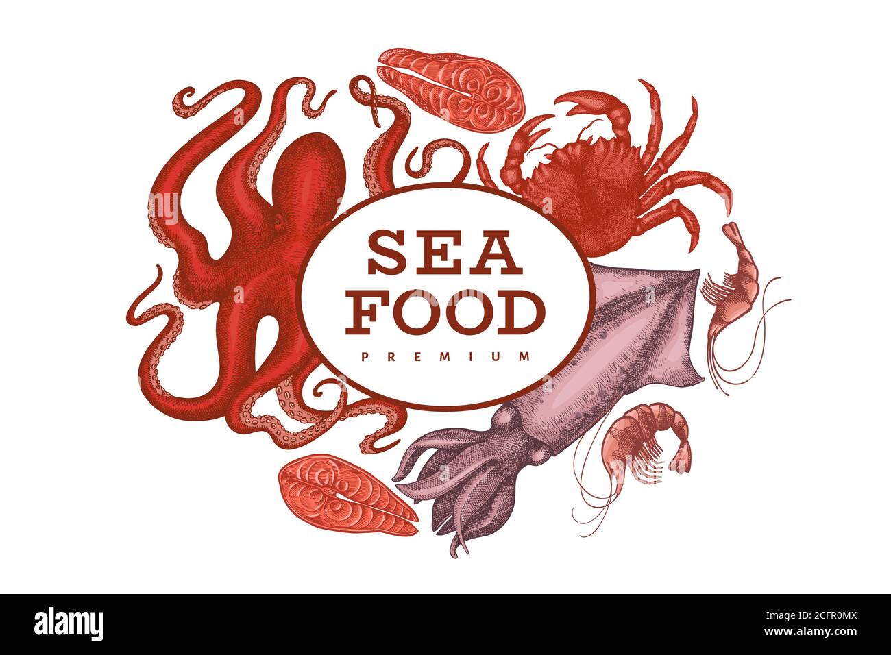 Seafood design template. Hand drawn vector seafood illustration ...