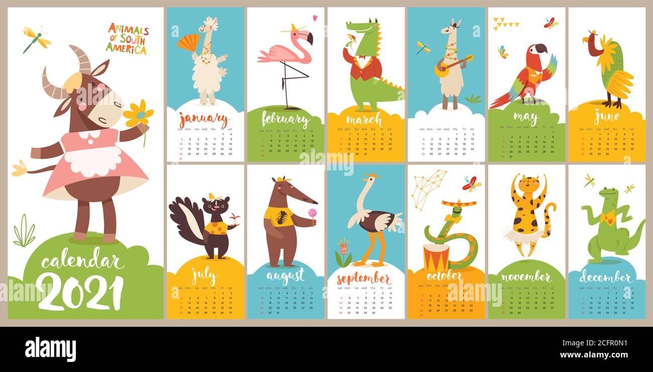 Vector 2021 calendar with funny cartoon wild animals Stock Vector Image ...