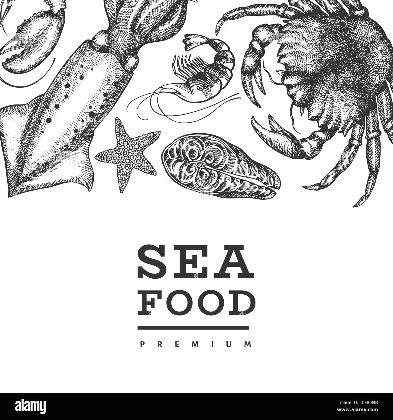Seafood design template. Hand drawn vector seafood illustration ...
