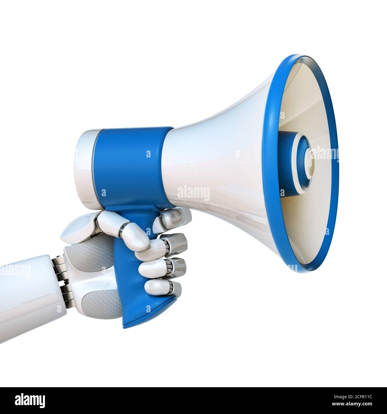 Robot hand holding loudspeaker, android with megaphone, tech ...