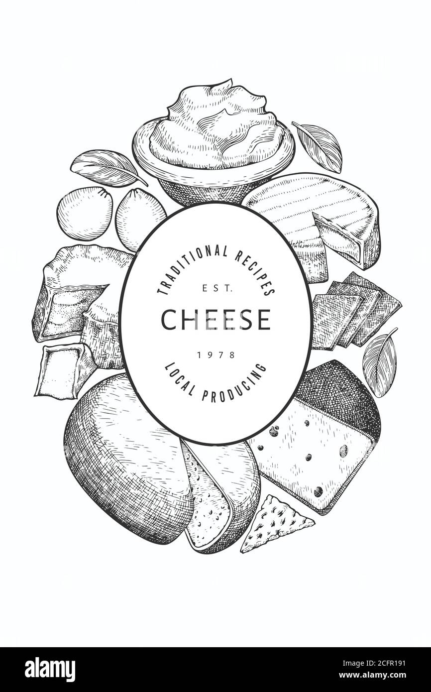 Cheese design template. Hand drawn vector dairy illustration. Engraved ...