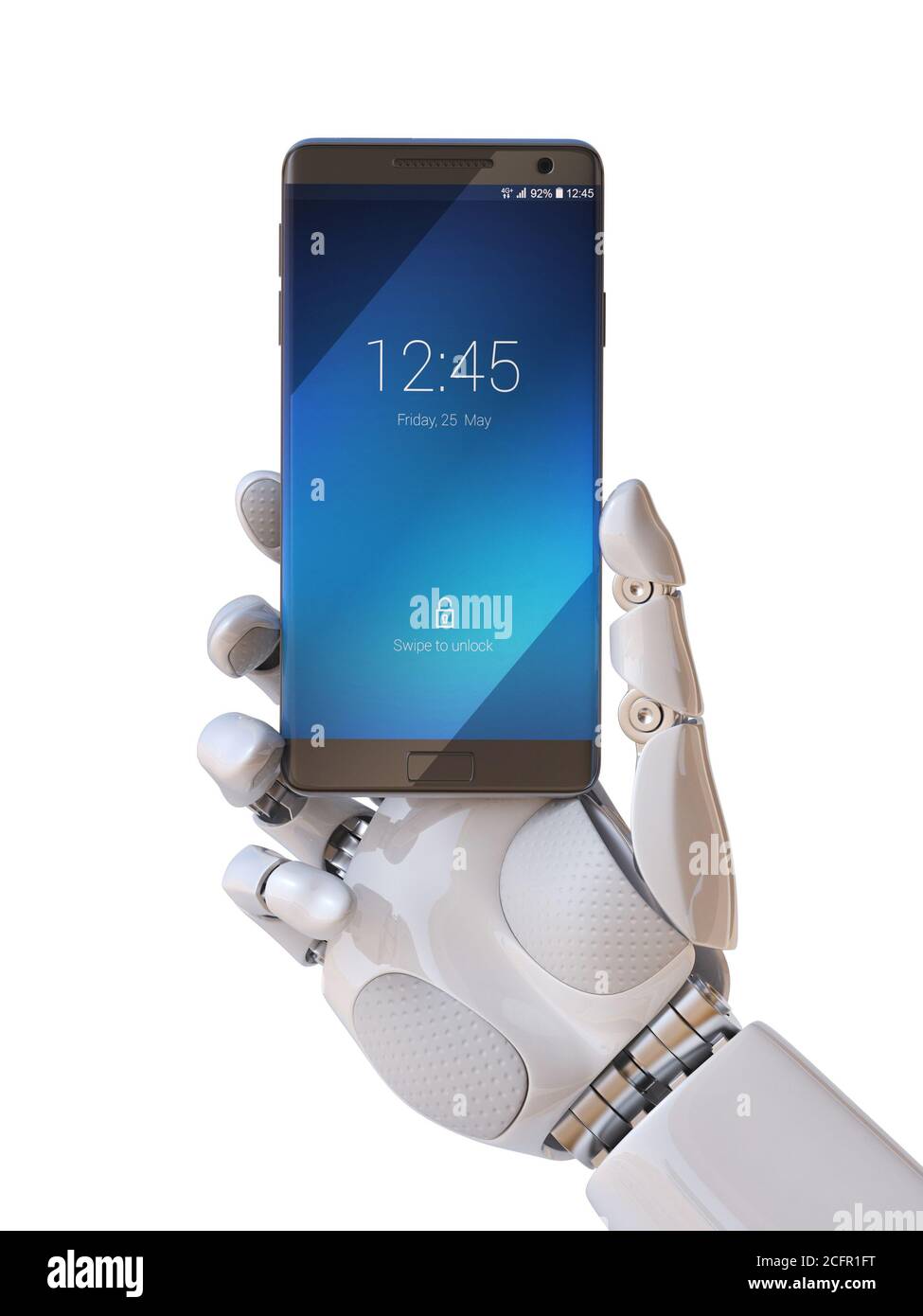 Robot hand holding smart phone 3d rendering Stock Photo - Alamy