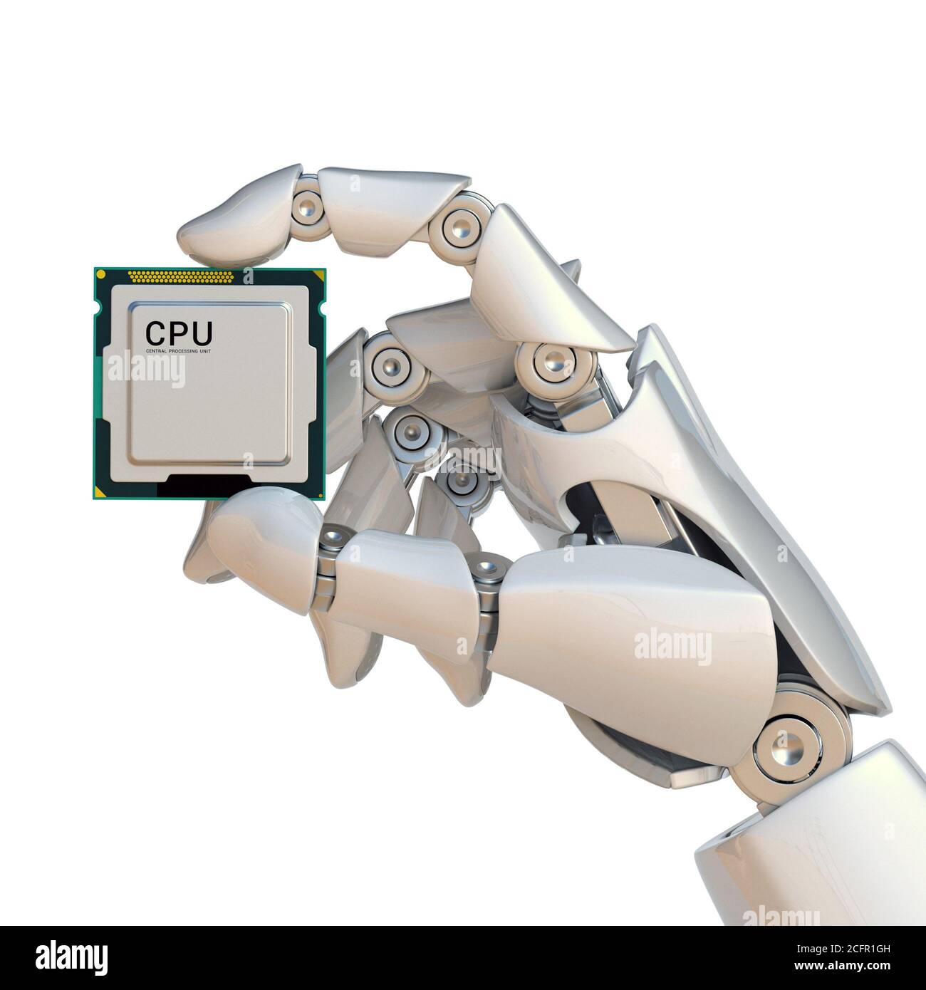 Robotic hand holding processor chip, artificial intelligence concept, bionic brain 3d rendering ...