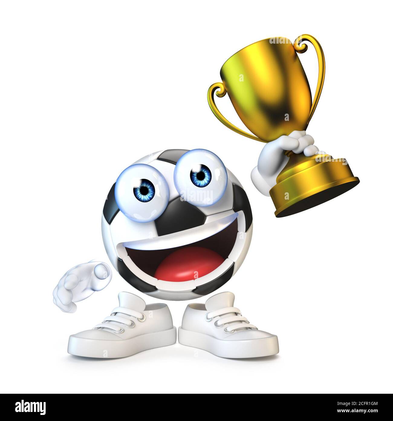 Football, soccer ball with cartoon face holding golden trophy, sport ...