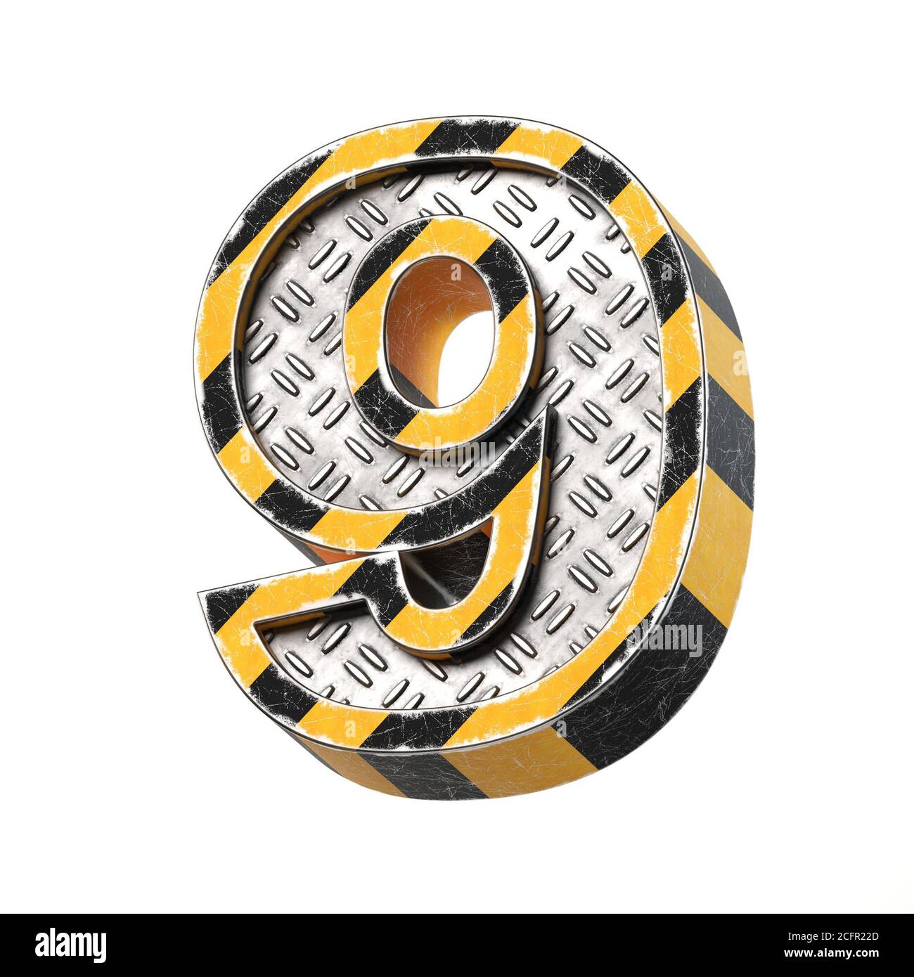 Industrial black and yellow striped metallic font, 3d rendering, number ...