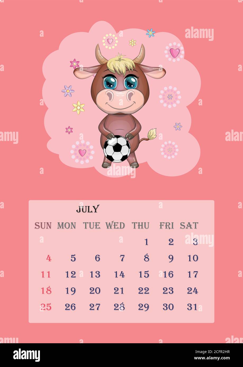 Calendar 2021. Cute bull and cow for every month Stock Vector Image ...
